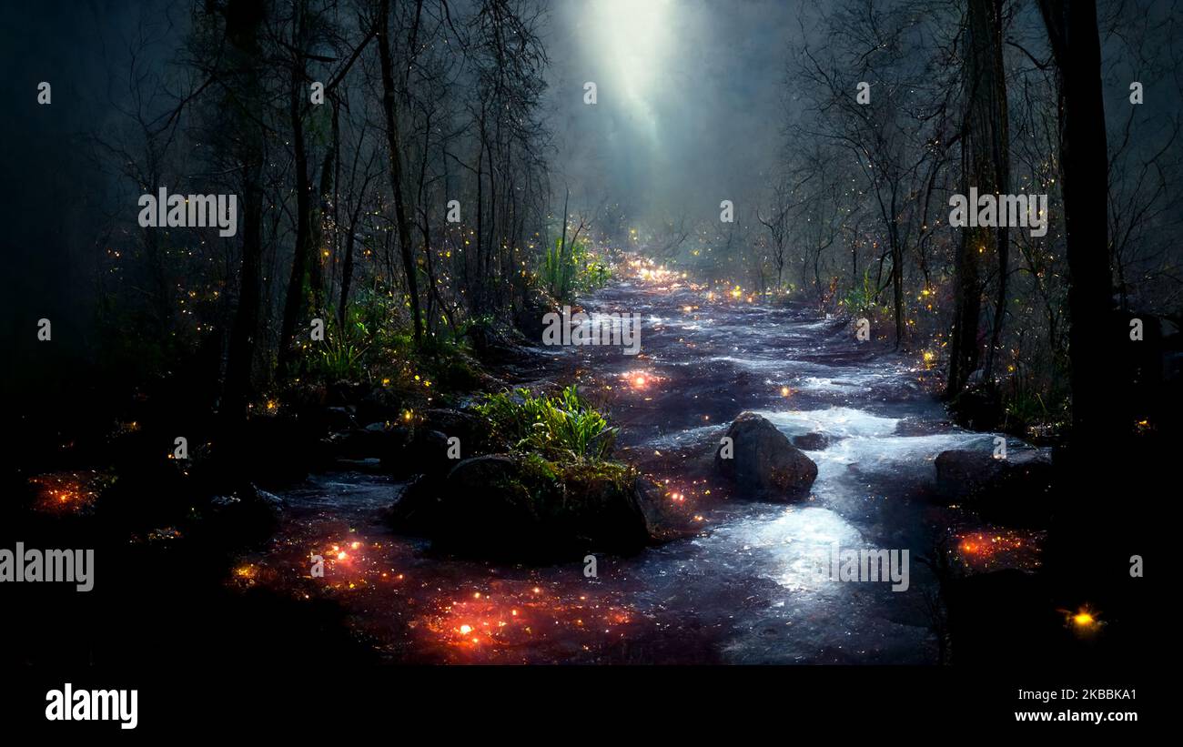 Mystery background river flowing in dark forest. Fantasy fairytale ...