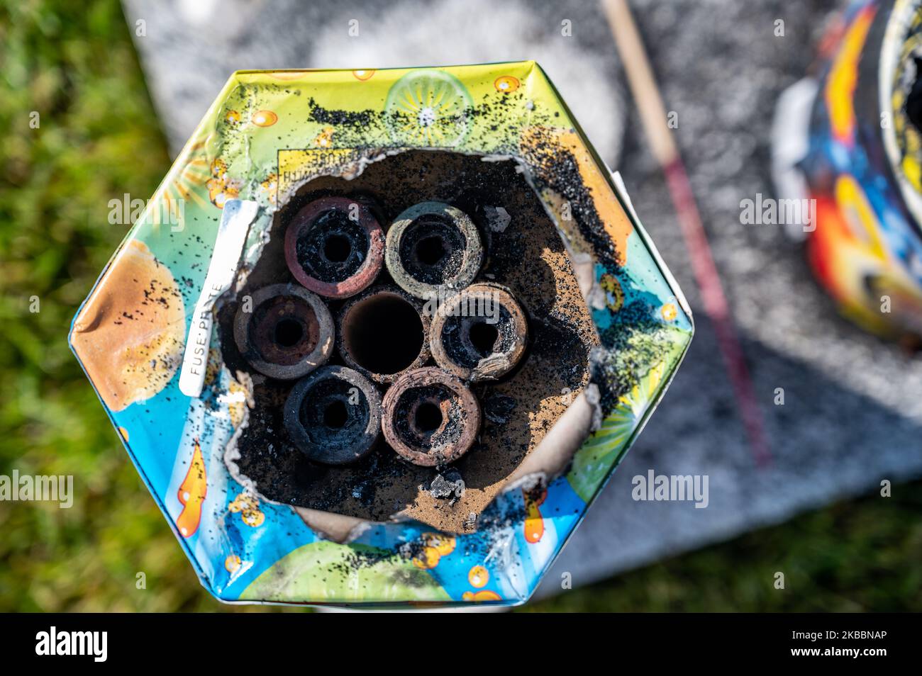 Top of cardboard burnt firework tubes Stock Photo - Alamy