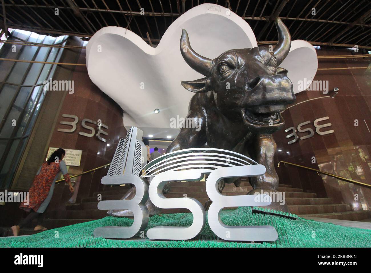 Bombay Stock Exchange (BSE) logo is displayed under a bull statue at ...
