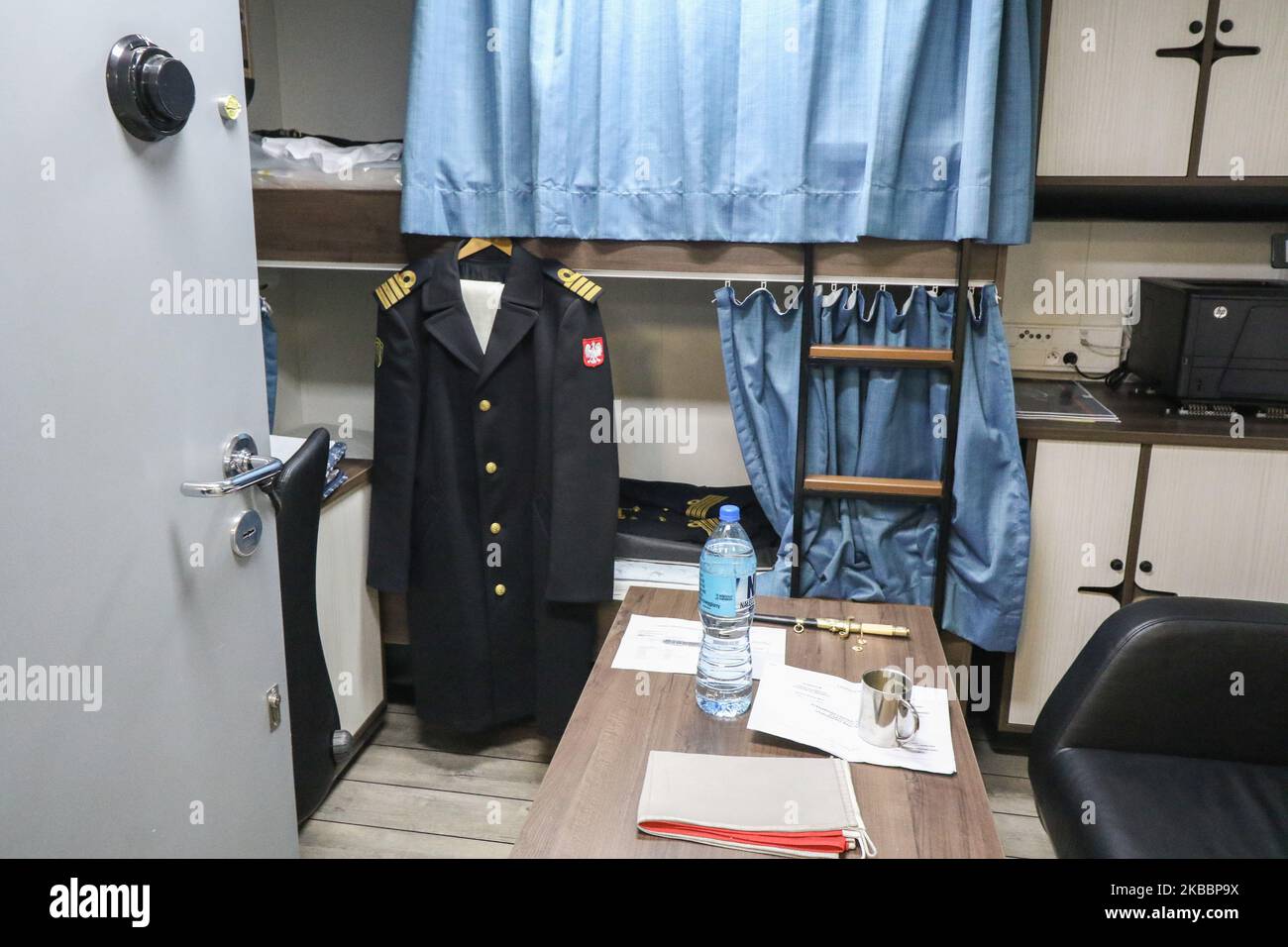 Polish Navy ORP Slazak patrol vessel captain's cabin, the day before ...