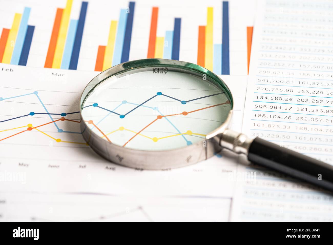 Magnifying glass on chart graph spreadsheet paper. Financial ...