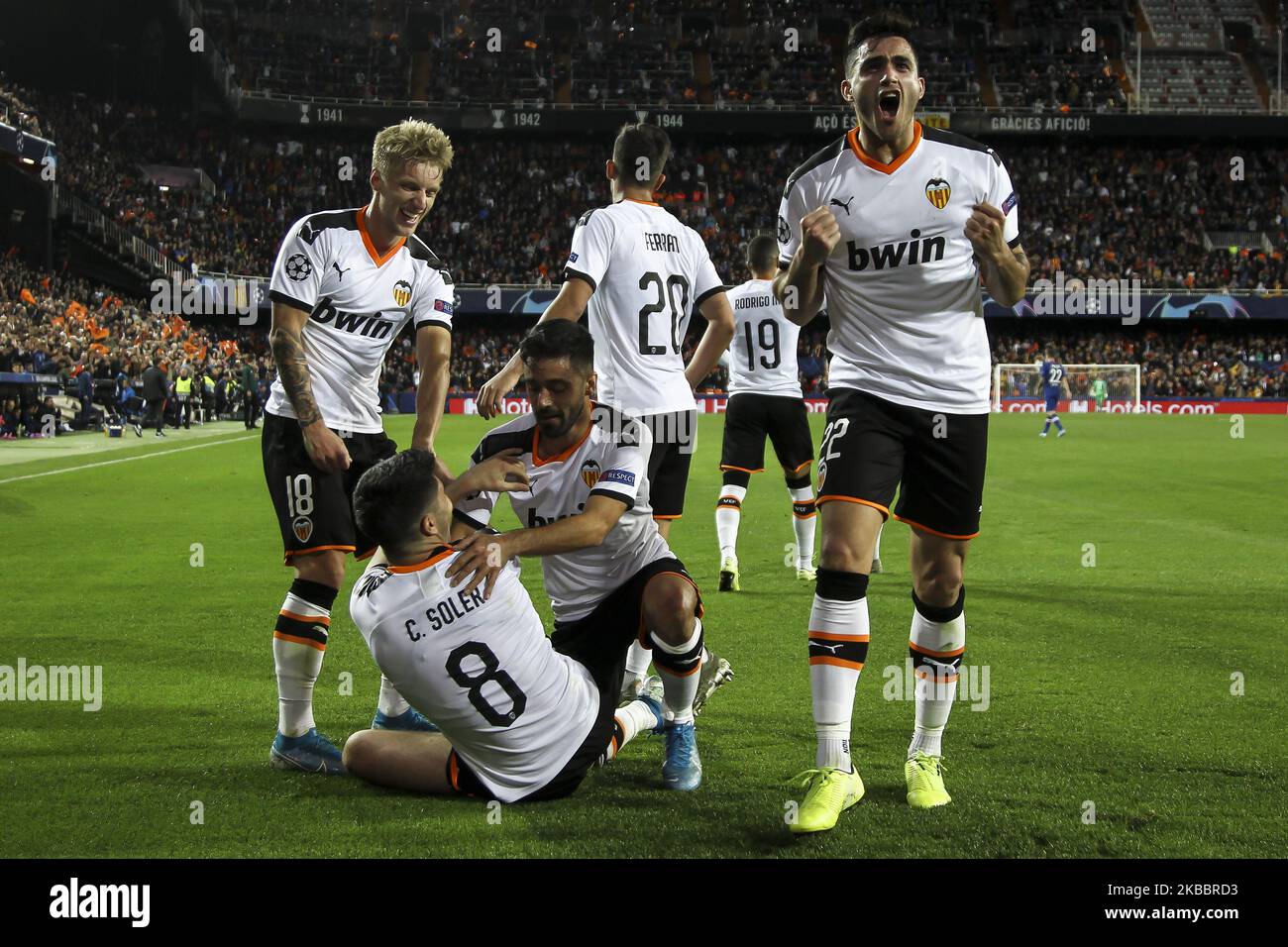 Carlos Soler of Valencia CF celebrate after scoring the 1-0 goal with ...