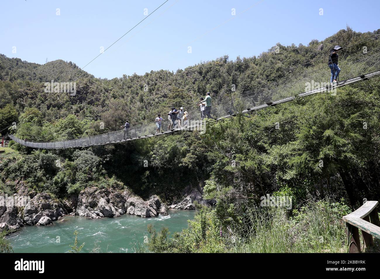 Visitors crossÂ Buller Gorge Swingbridge, New Zealand's longestÂ on the ...