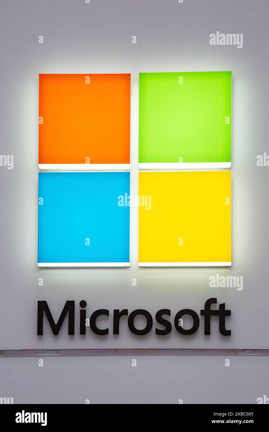 A Microsoft store entrance with the company's logo on top in midtown ...