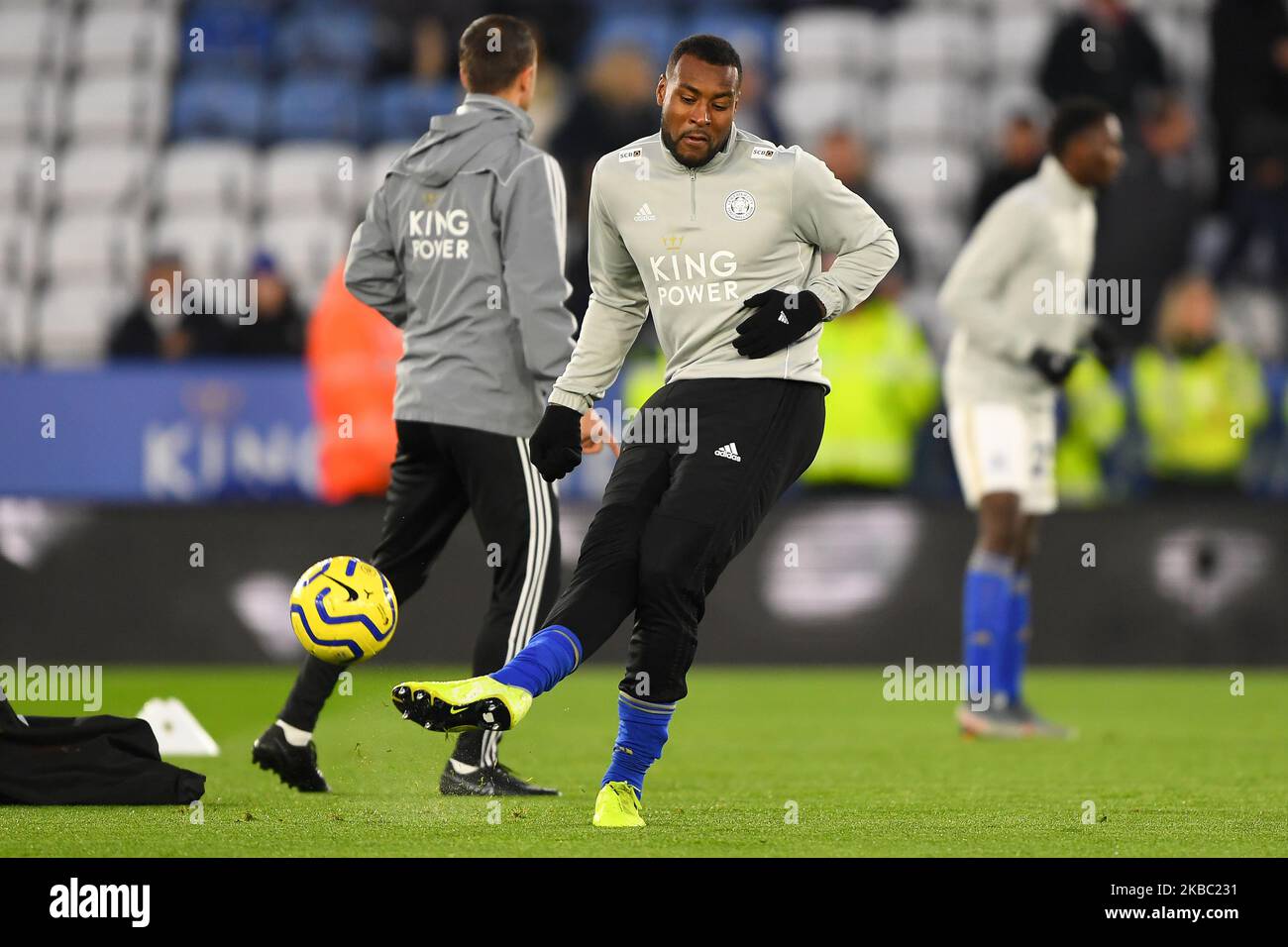 Wes Morgan (5) of Leicester City warms up during the Premier League ...