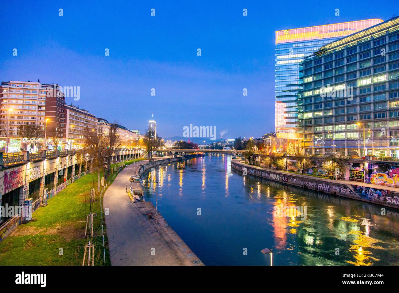 Sunrise sky with beautiful colors over Donaukanal or Danube Canal, a ...