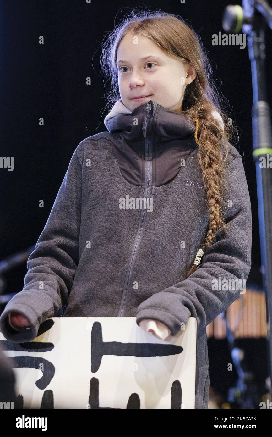 The Swedish climate activist Greta Thunberg speaks at the climate march ...