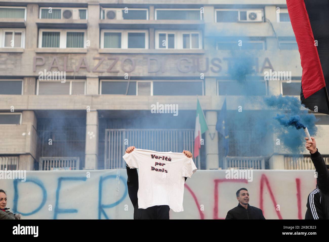 Fan of Cosenza Calcio waves a flag outside the court of Cosenza during ...