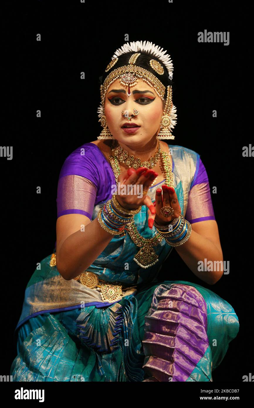 Tamil Bharatnatyam dancer performs an expressive dance during her ...