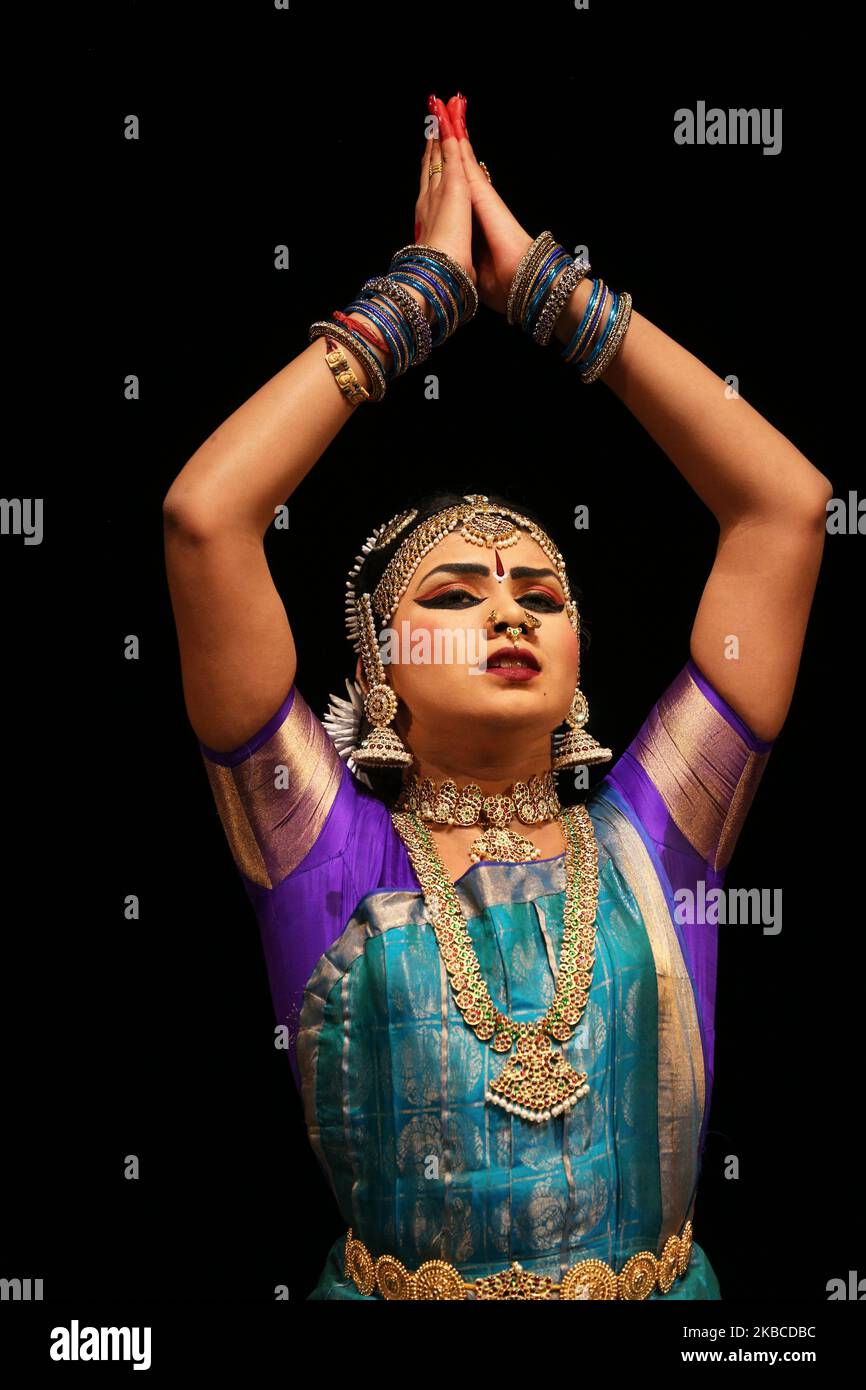 Tamil Bharatnatyam dancer performs an expressive dance during her ...