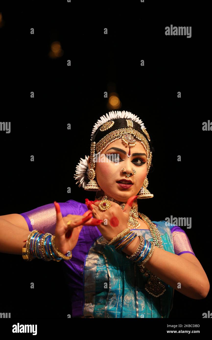 Tamil Bharatnatyam dancer performs an expressive dance during her ...