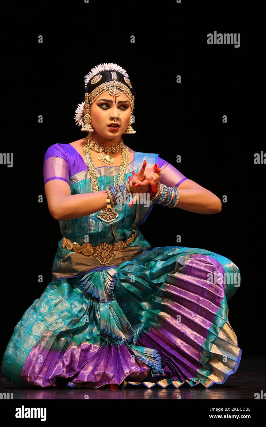 Tamil Bharatnatyam dancer performs an expressive dance during her ...