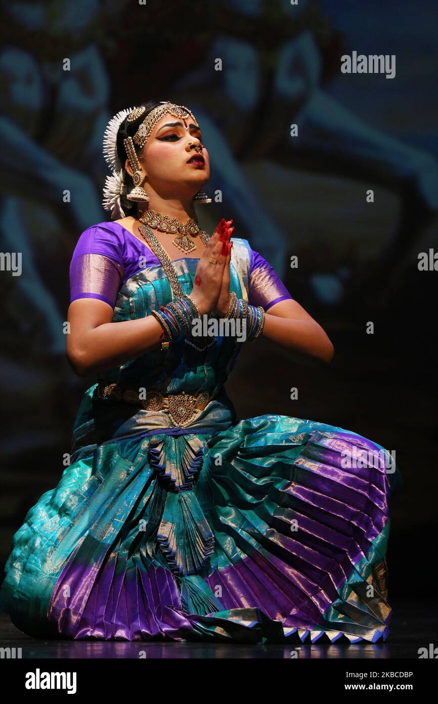 Tamil Bharatnatyam dancer performs an expressive dance during her ...