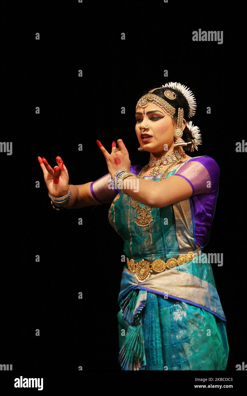 Tamil Bharatnatyam dancer performs an expressive dance during her ...