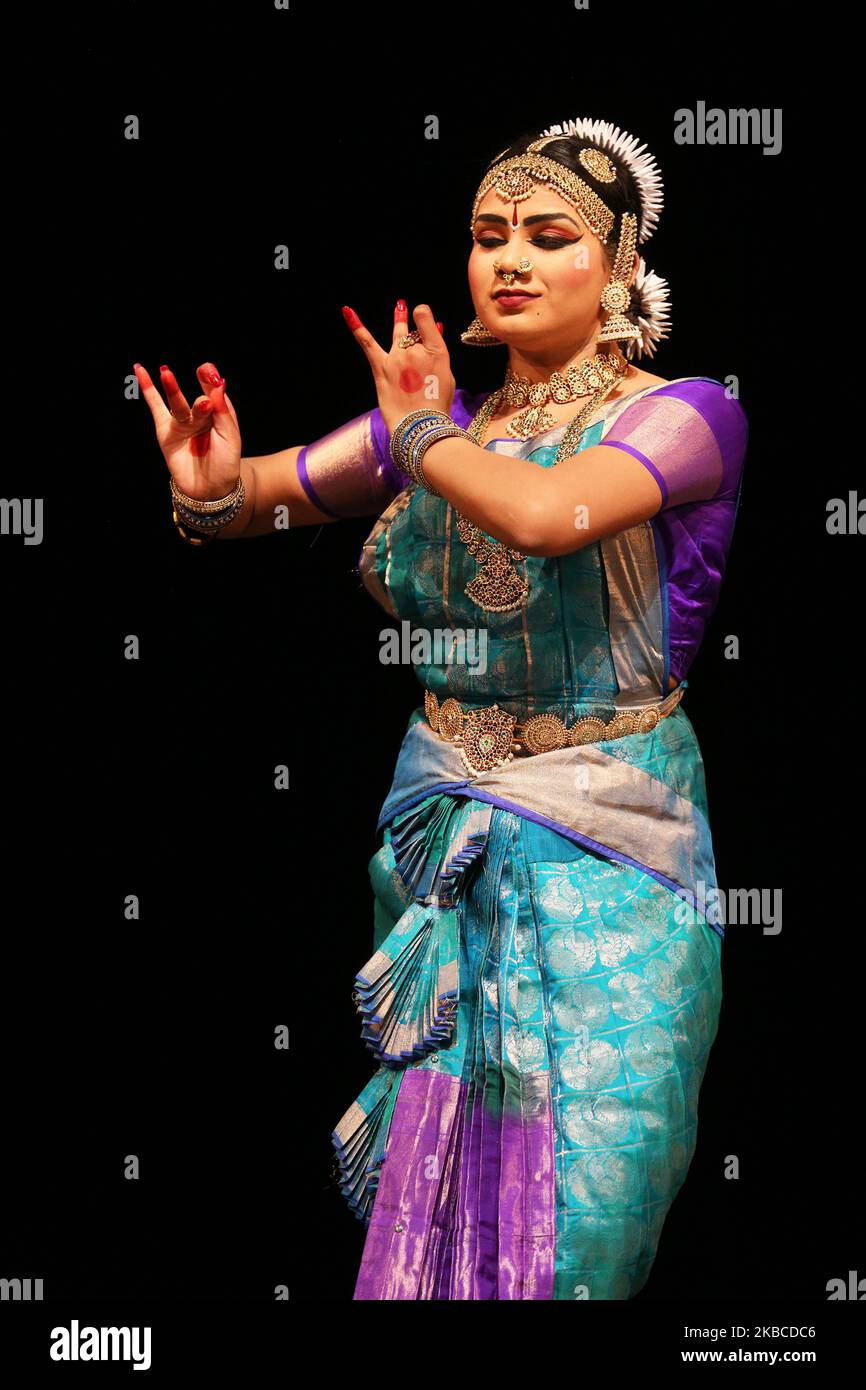 Tamil Bharatnatyam dancer performs an expressive dance during her ...