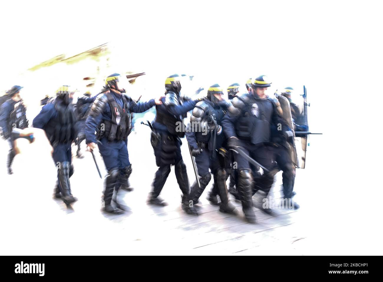 A line of riot policemen block the route of protestors on Sainte ...