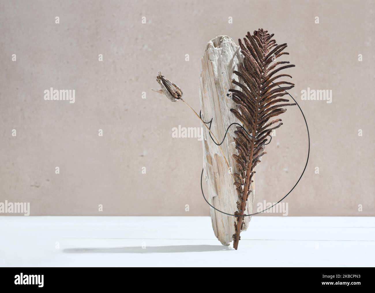 minimalistic still life composition with dry grass and driftwood ...