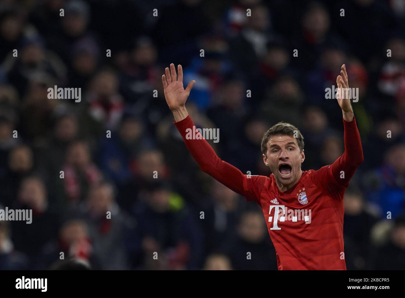 Thomas Muller of Bayern Munich protest during the UEFA Champions League ...