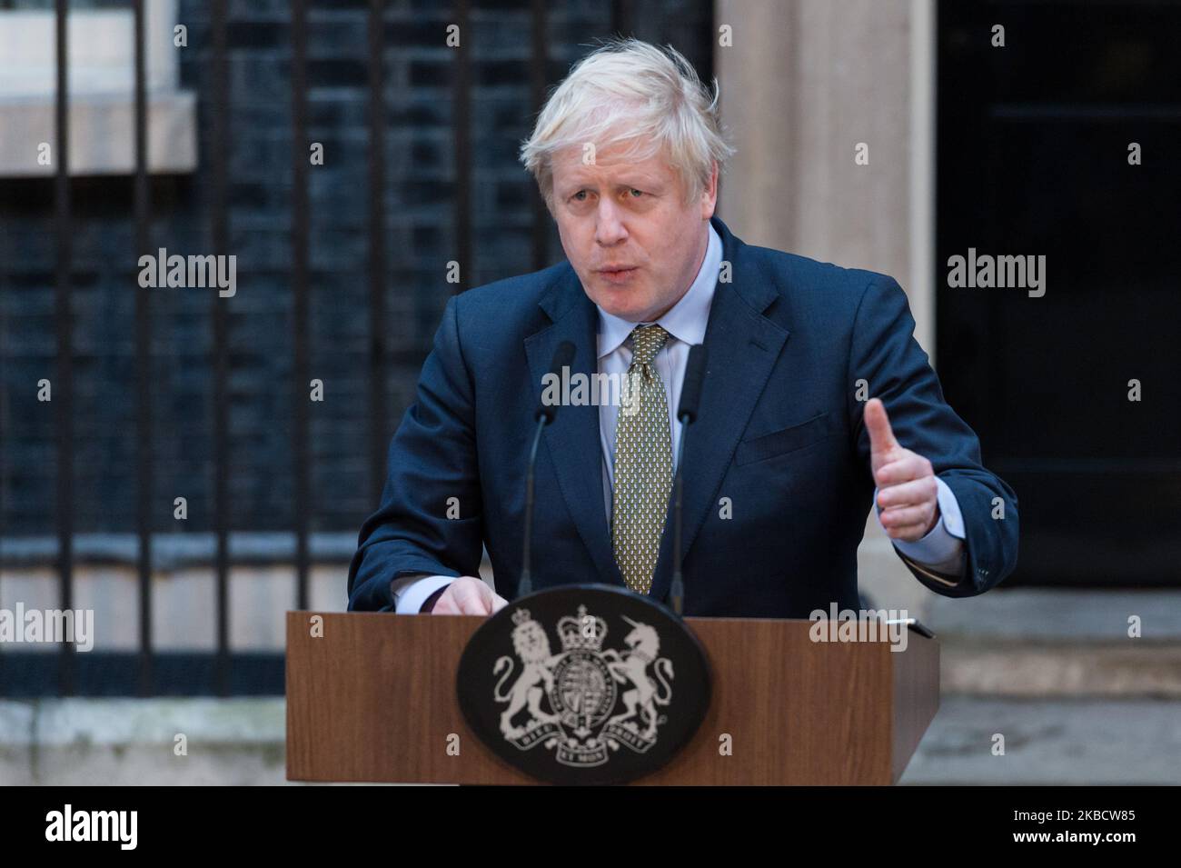 British Prime Minister Boris Johnson delivers a speech outside 10 ...