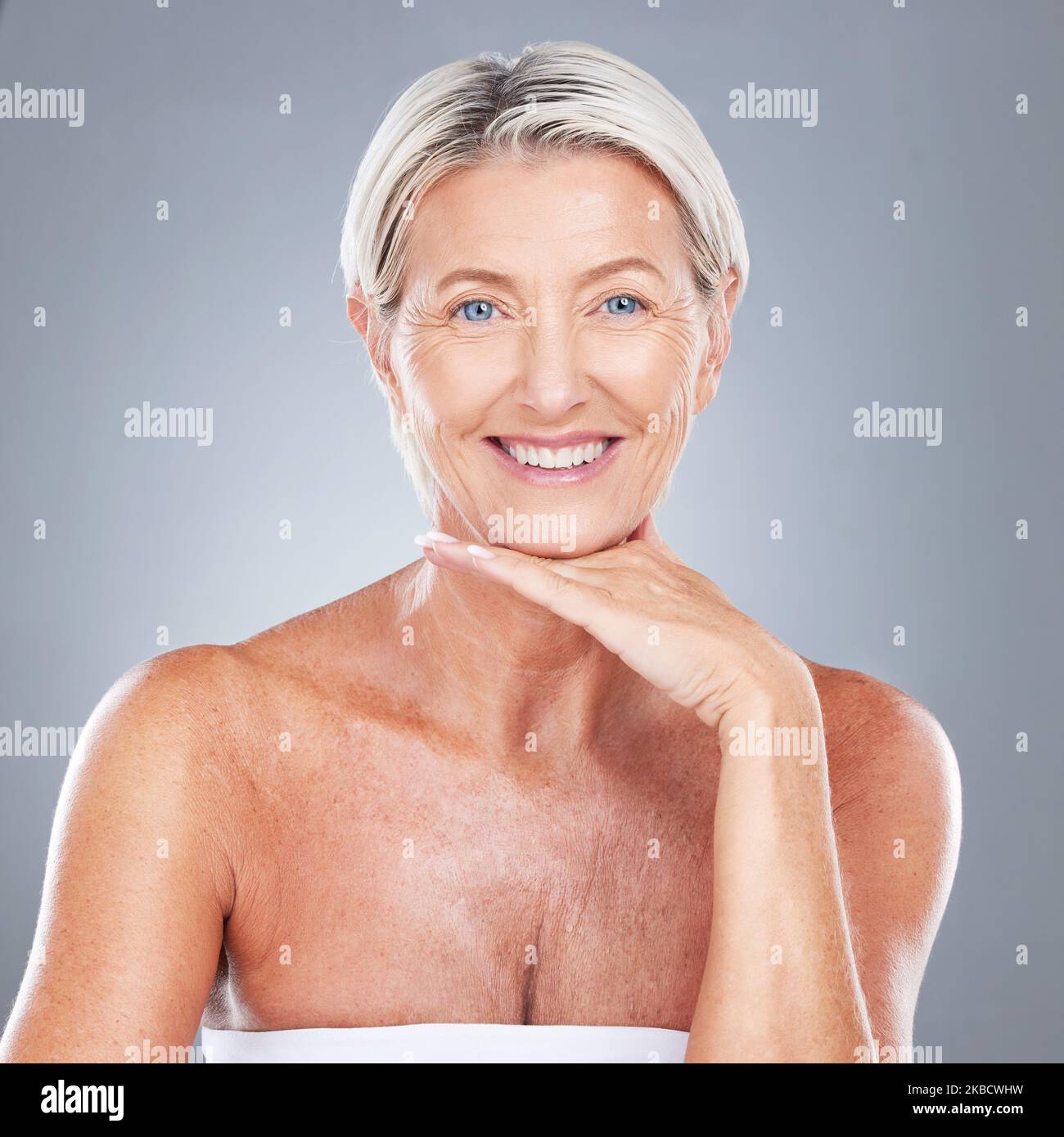 Senior woman, smile and skincare face, makeup and happy with beauty ...