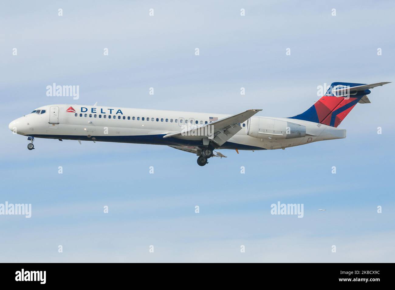 Delta Air Lines Boeing 717-200 airplane as seen on the final approach landing at New York JFK ...