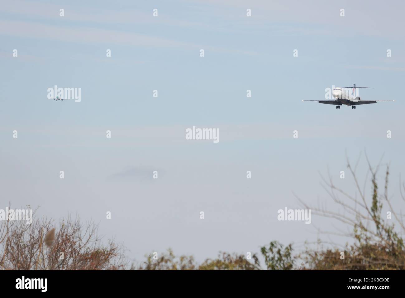 Delta Air Lines Boeing 717-200 airplane as seen on the final approach landing at New York JFK ...