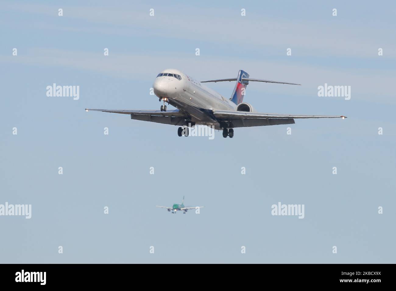 Delta Air Lines Boeing 717-200 airplane as seen on the final approach landing at New York JFK ...