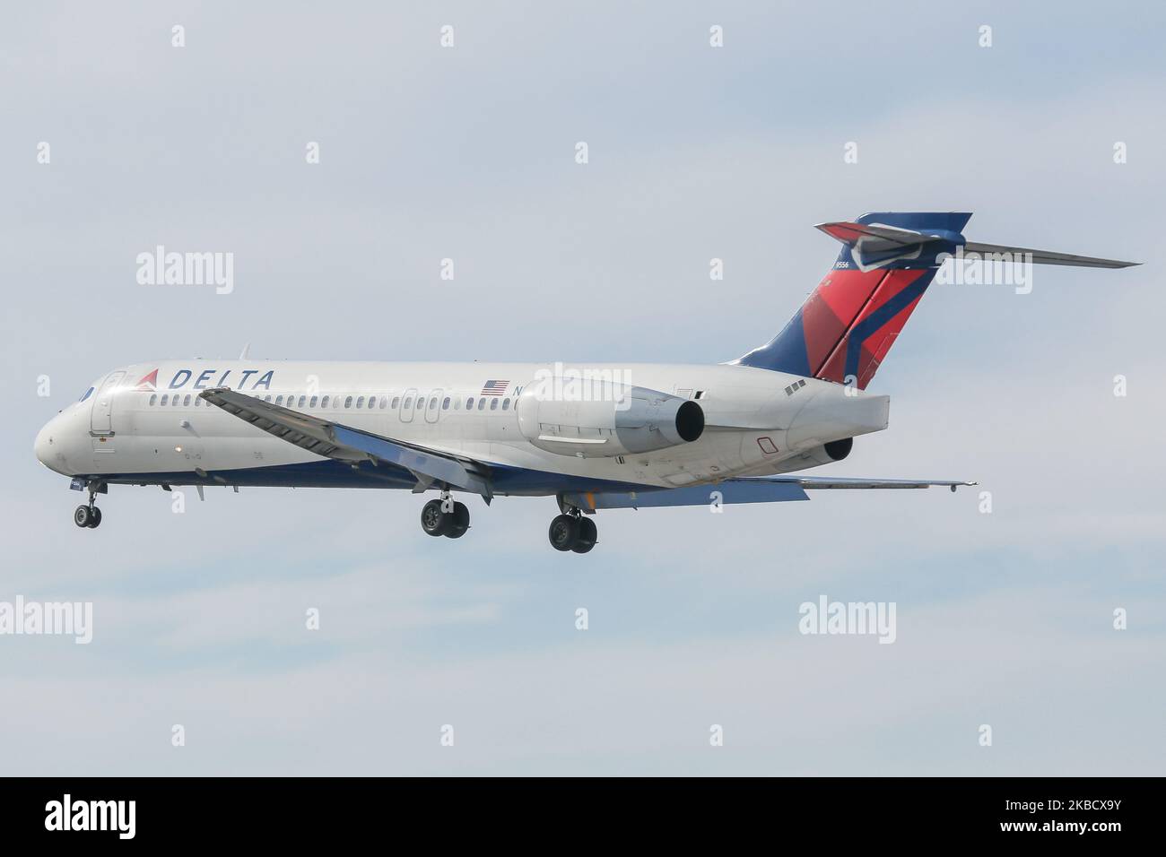Delta Air Lines Boeing 717-200 airplane as seen on the final approach landing at New York JFK ...