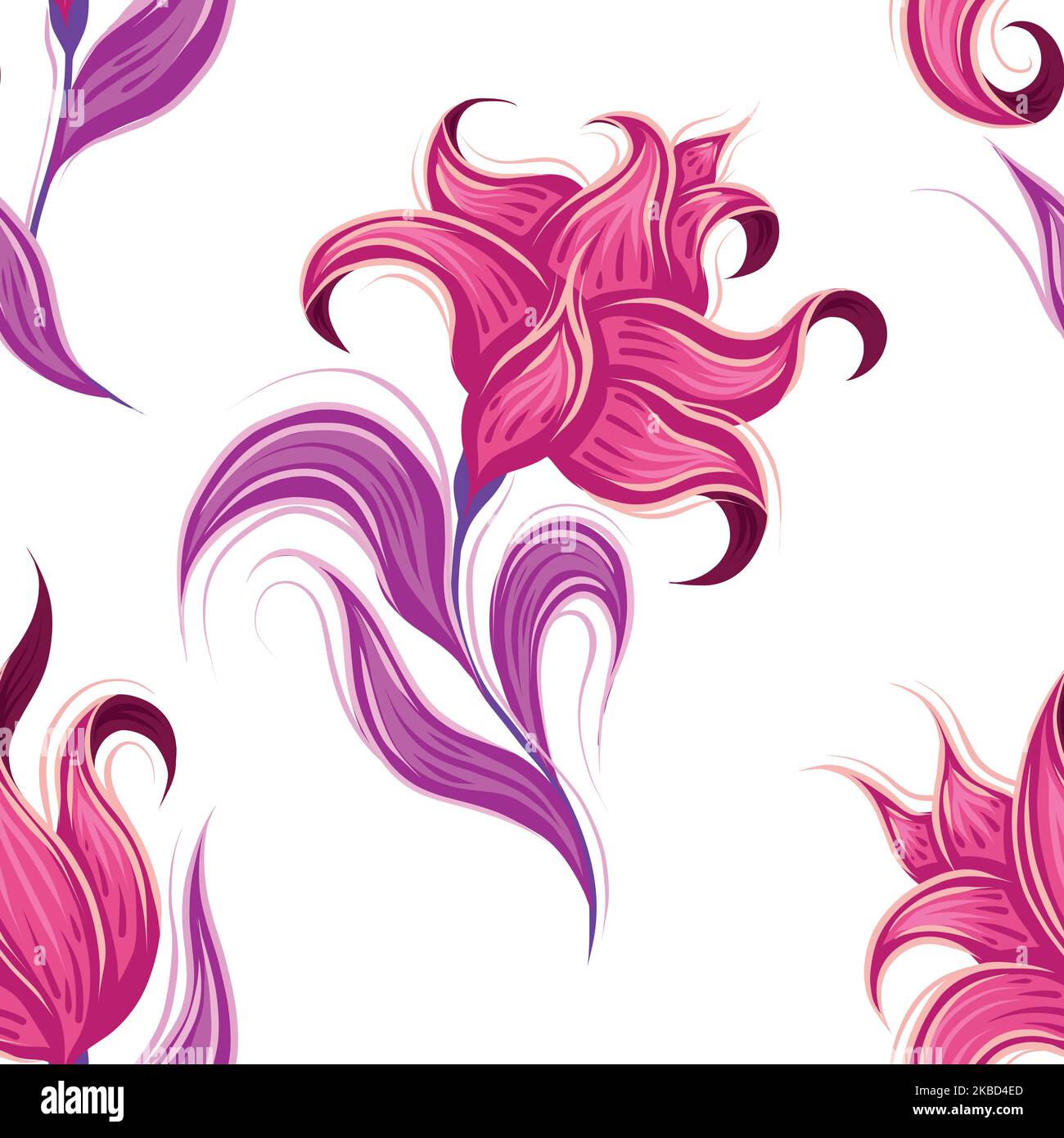 Vector pattern with fabulous curled pink flowers, foliage and stems ...