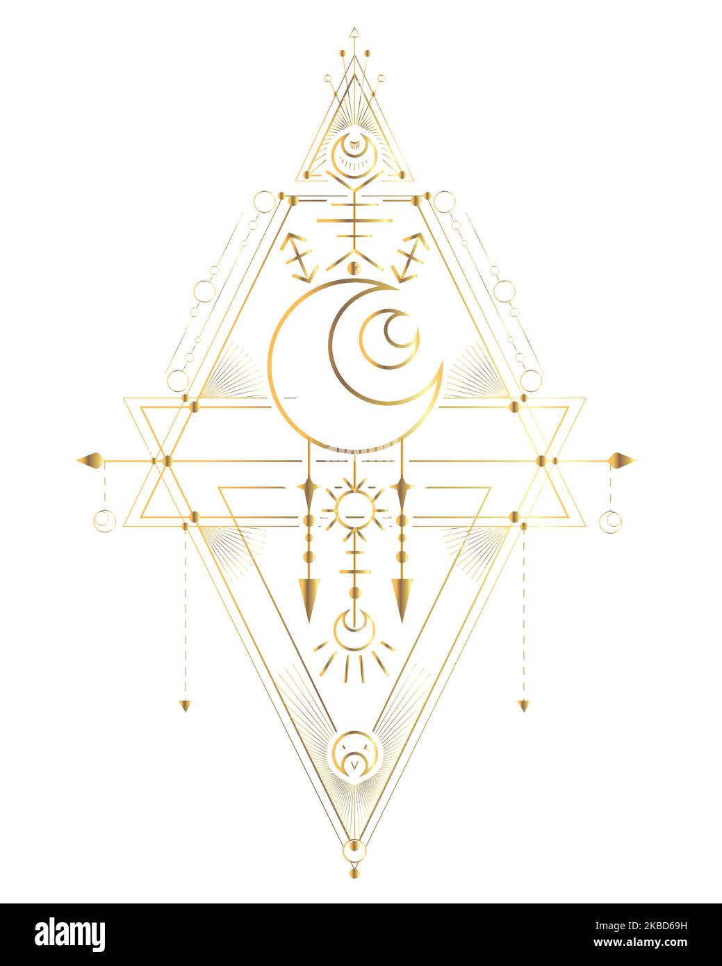 Vector Card With Golden Esoteric Symbol With Crescent Star Sun And
