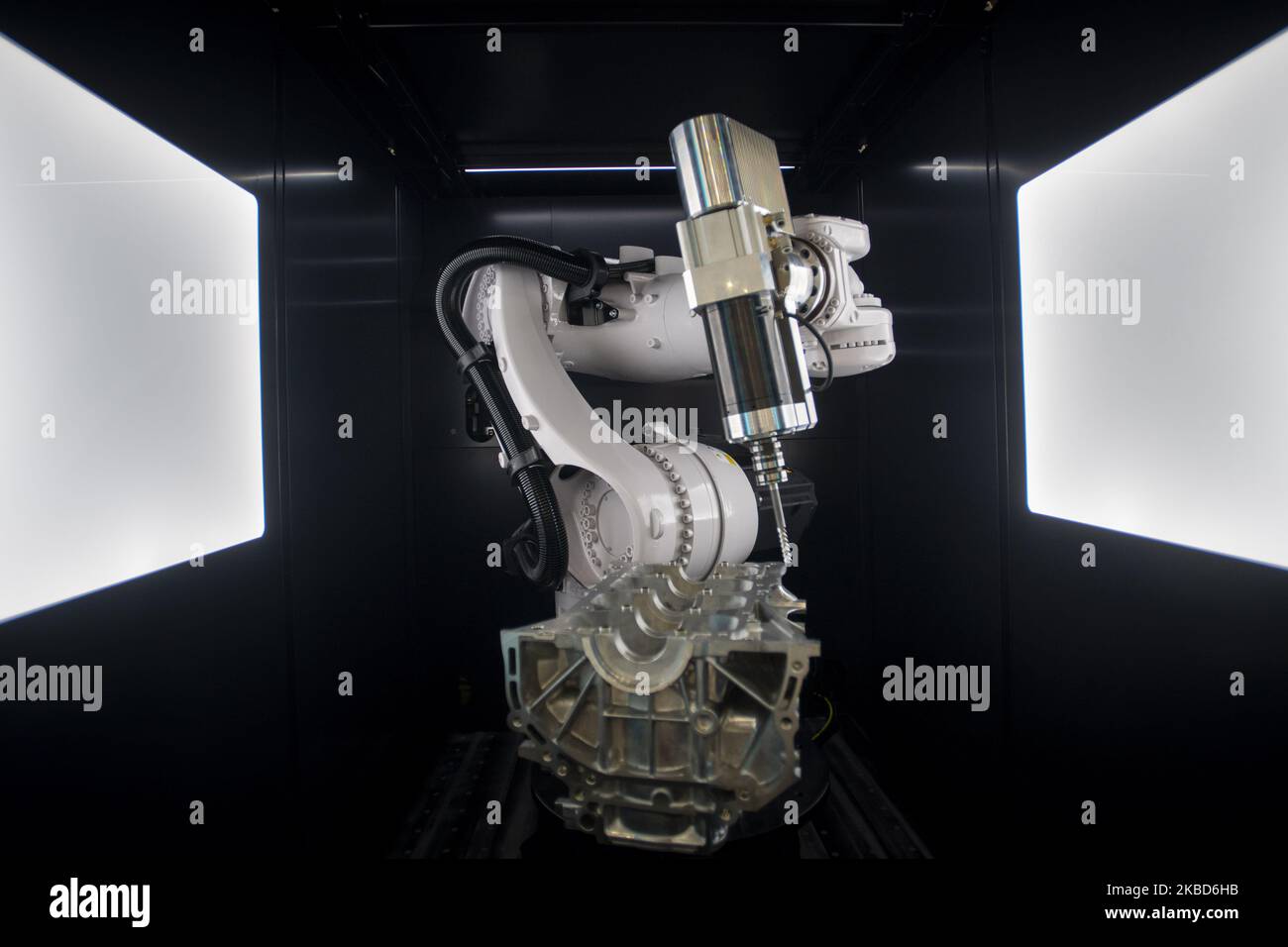 Industrial robot stands on display at the International Robot ...