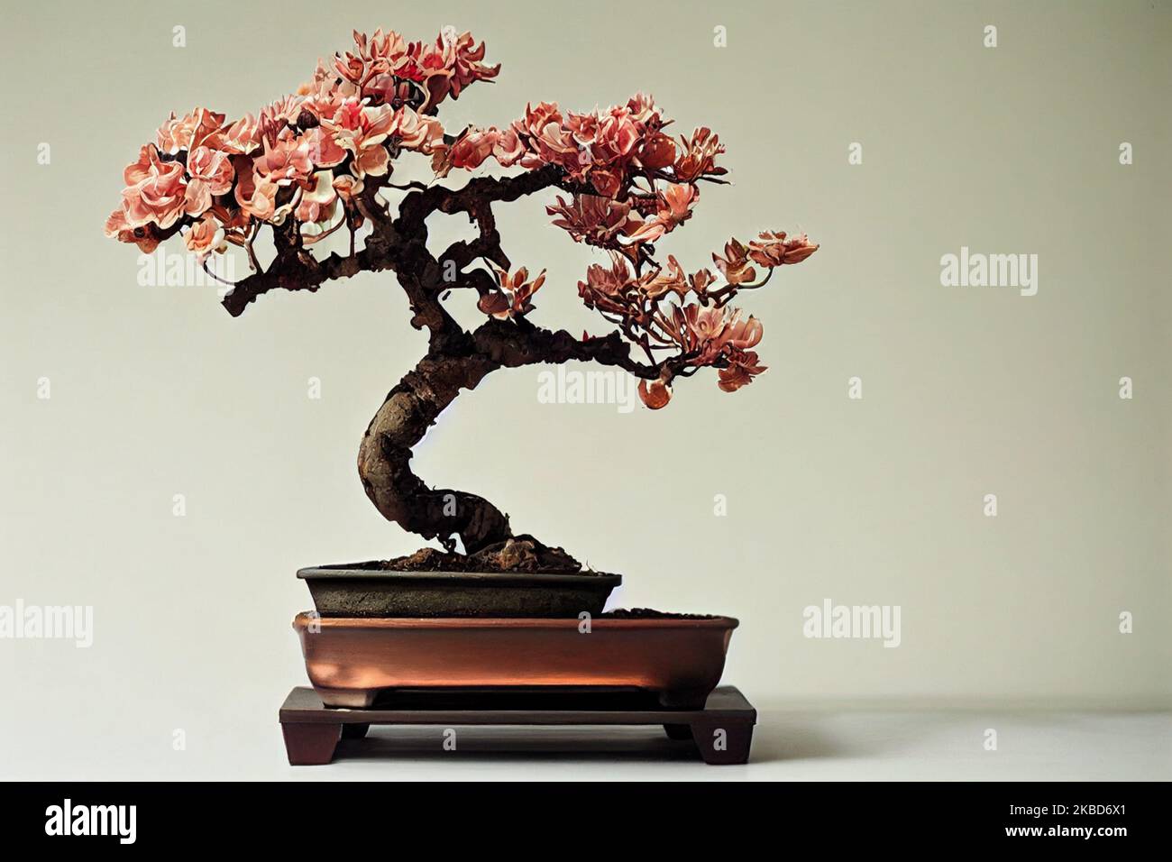 Creative still life illustration of a flowering bonsai tree in a copper ...