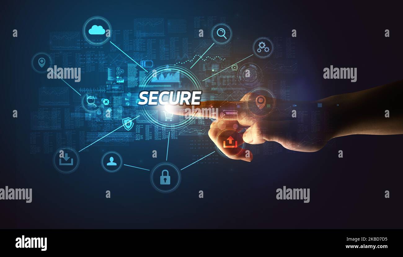 Hand touching cybersecurity button concept Stock Photo - Alamy