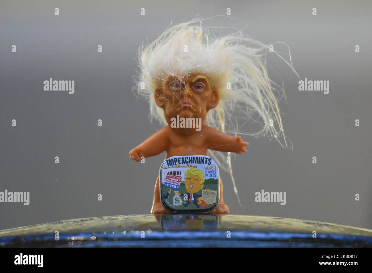 A box of Impeachmints, peach flavored mints referring to US President ...