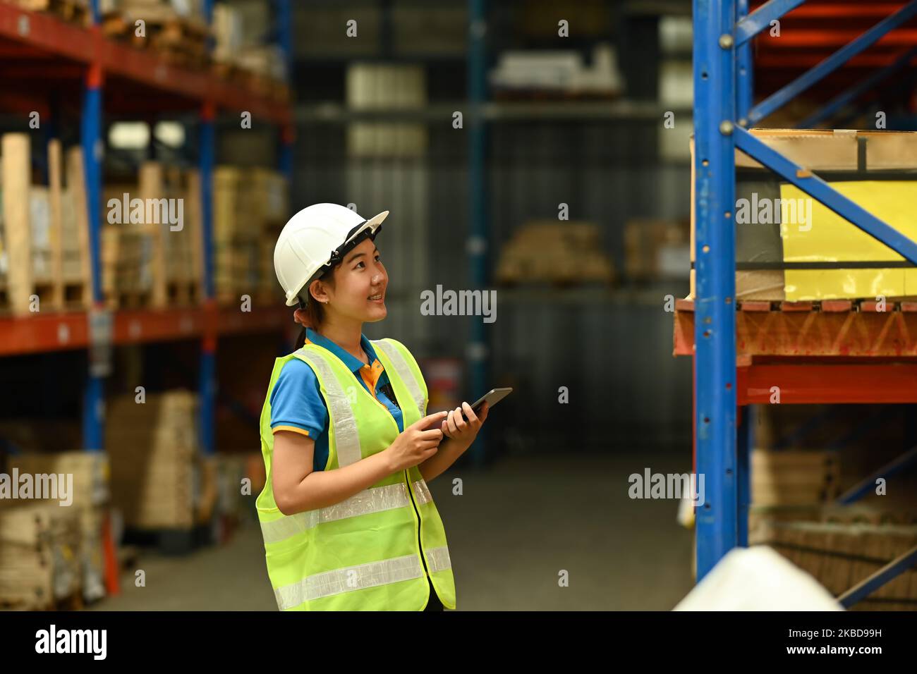 Warehouse workers working in the retail warehouse full of shelves with ...