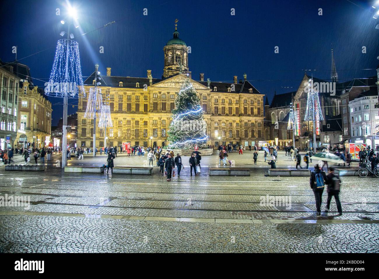 Night view of Dam Square or Damsquare with Christmas Tree decoration ...