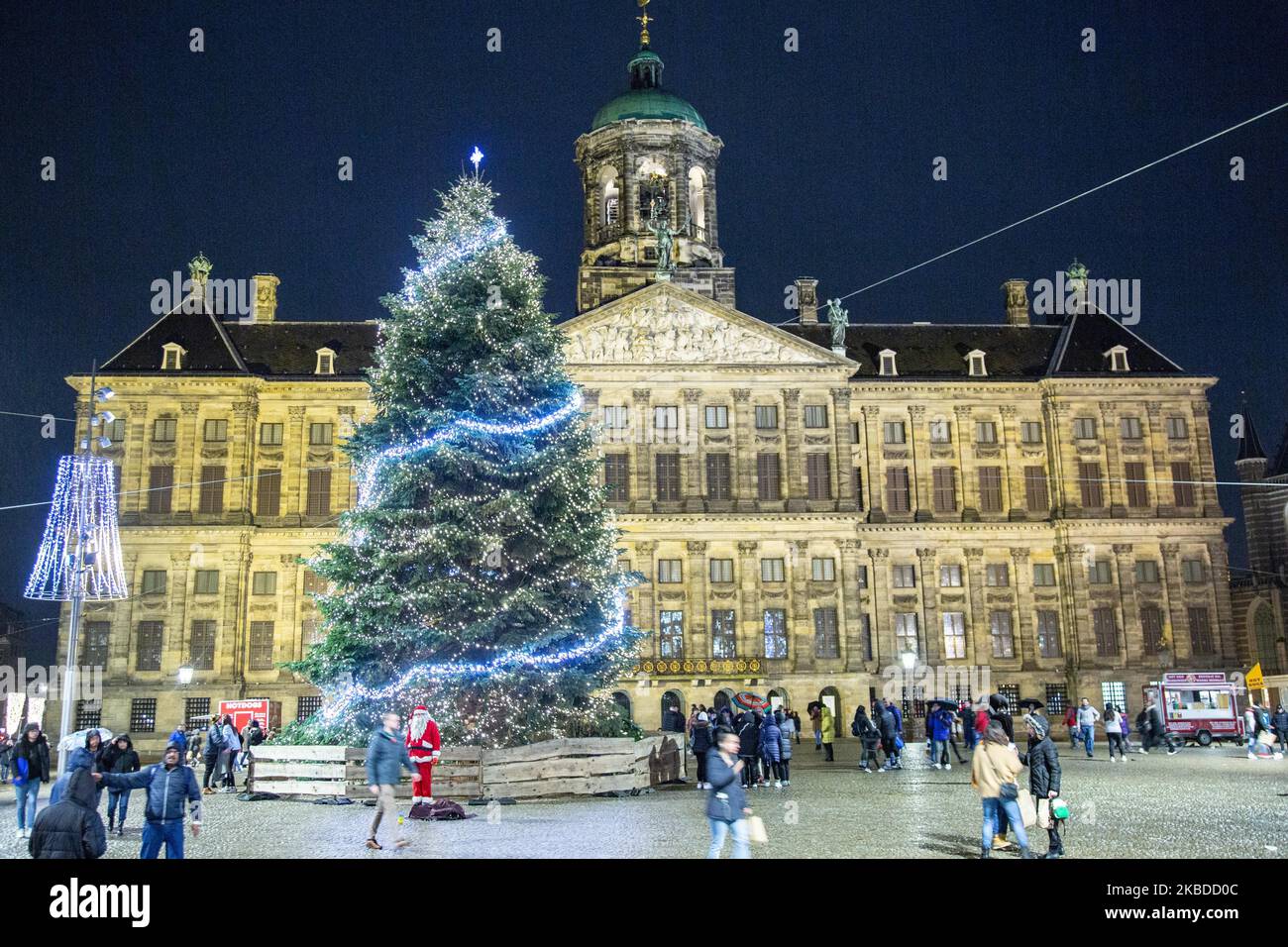 Night view of Dam Square or Damsquare with Christmas Tree decoration ...
