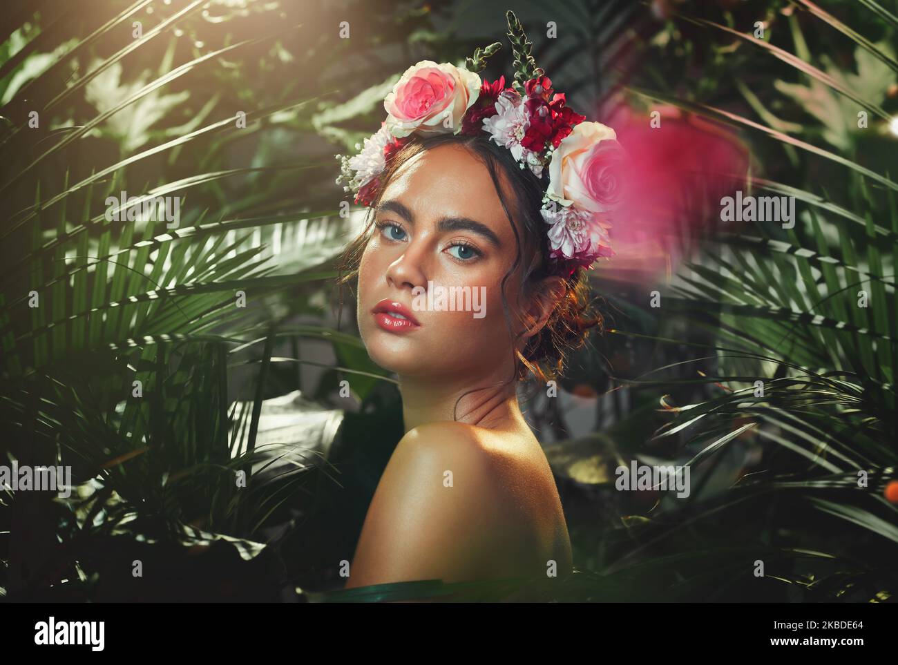 Flower, crown and woman in studio for makeup, beauty and skincare with ...