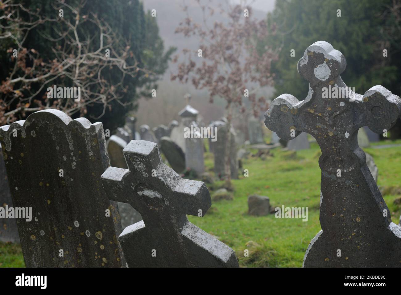 A general view of Irish tombstones and Celtic crosses inside an Early ...