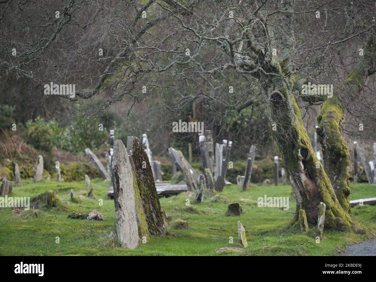 A view of Irish tombstones and Celtic crosses inside an Early Medieval ...
