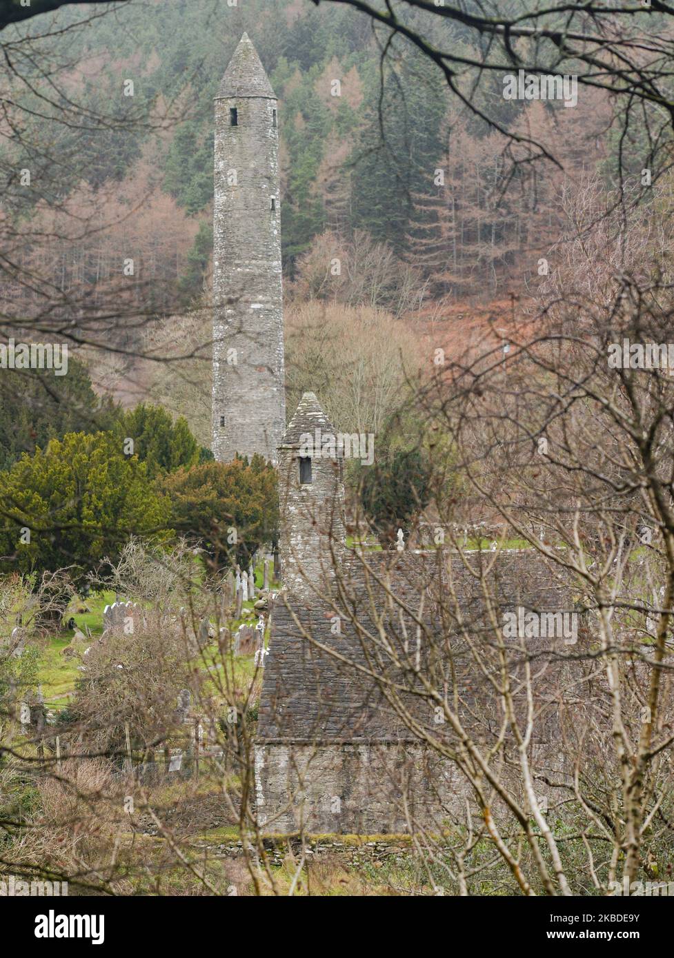 A general view of an Early Medieval monastic settlement in Glendalough ...