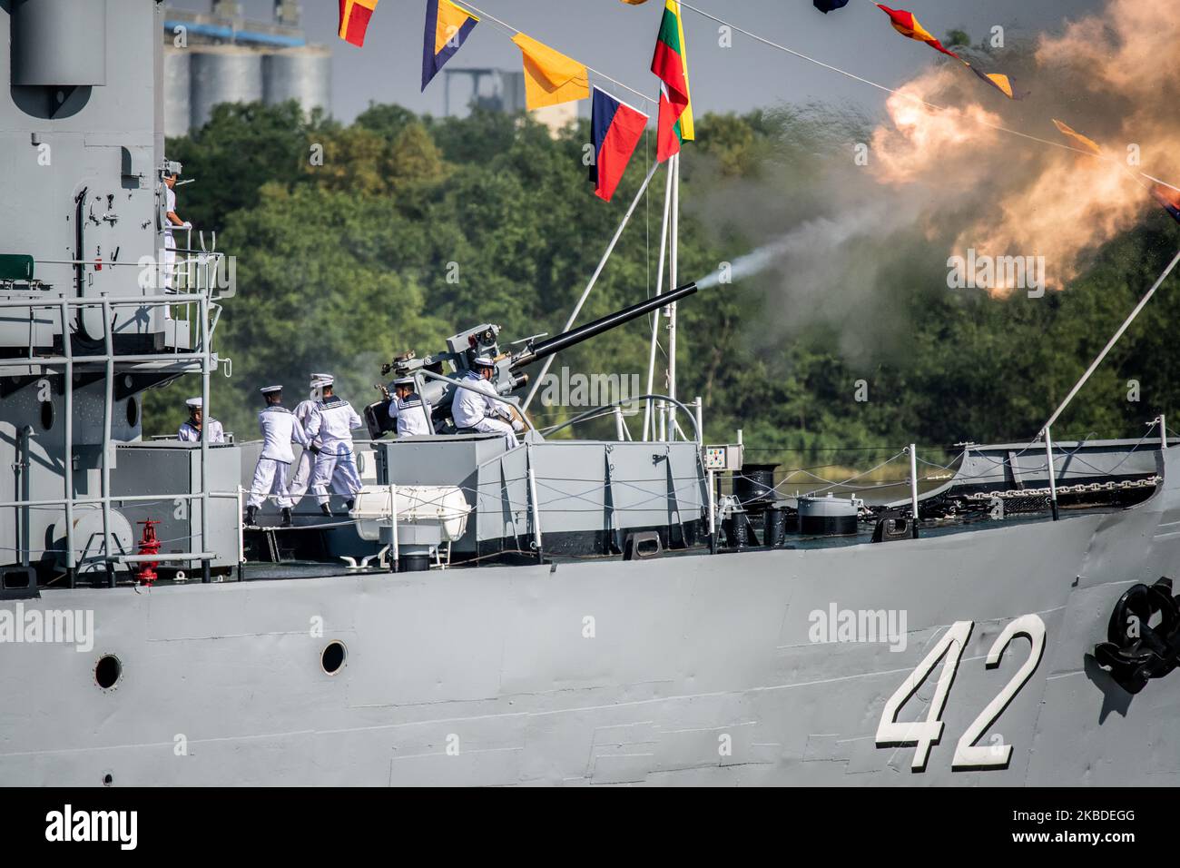 Myanmar Navy warship fires a gun during a ceremony to mark the Myanmar ...