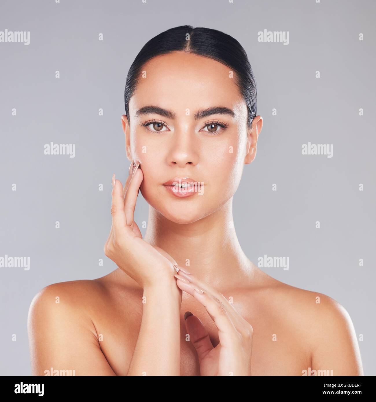 Face portrait, beauty and skincare of woman isolated on gray studio ...