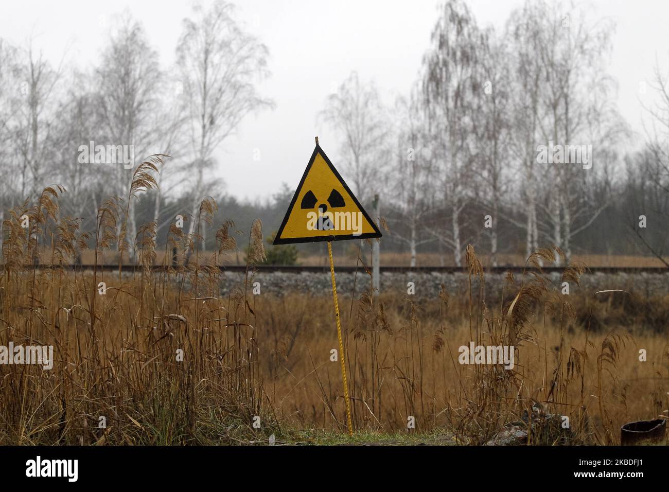 A radiation sign is seen in Chernobyl, Ukraine, on 25 December, 2019 ...