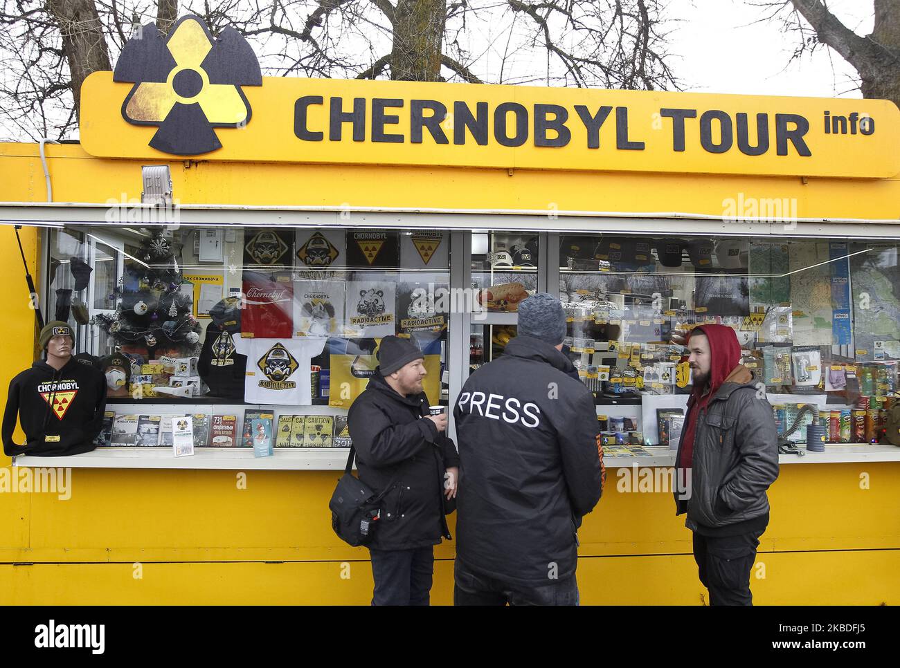 Visitors stand next to a souvenir shop on the Dytyatky checkpoint in ...