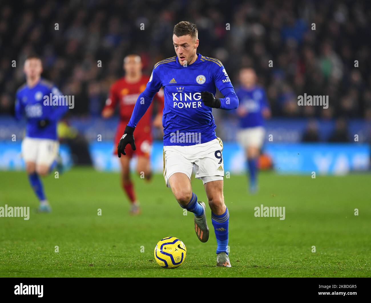 Jamie Vardy (9) of Leicester City makes a run in to the Liverpool half ...