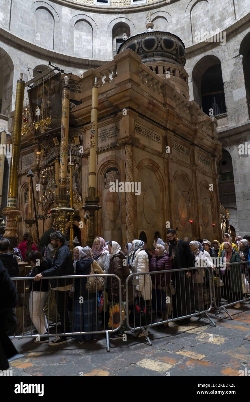 Pilgrims line up in Jerusalem, Israel on 10 December 2019, to visit the ...