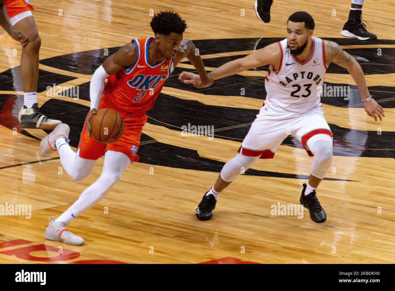 Shai Gilgeous-Alexander #2 of the Oklahoma City Thunder runs with the ...