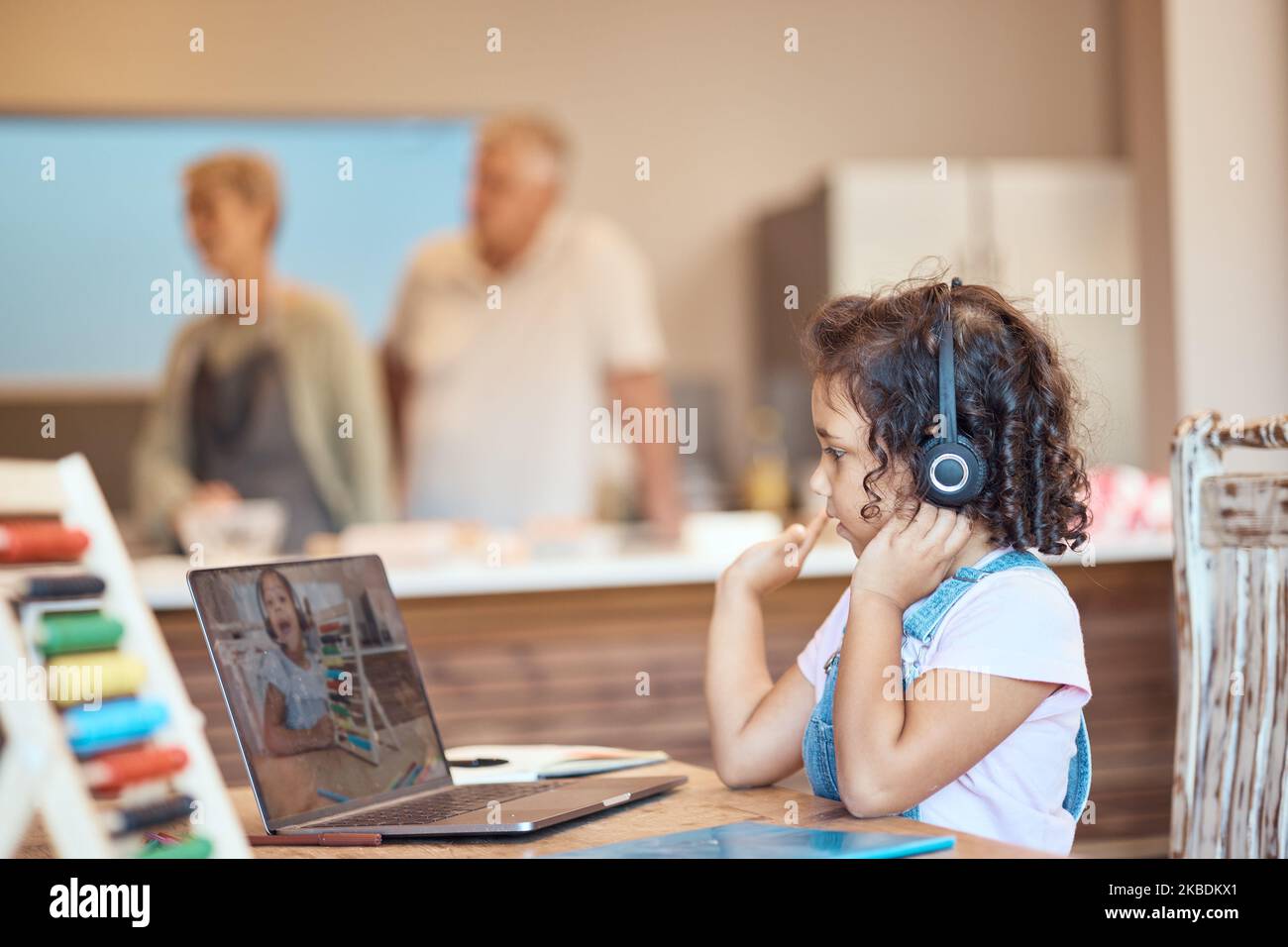 Child, girl and laptop headphones in distance learning, education and ...