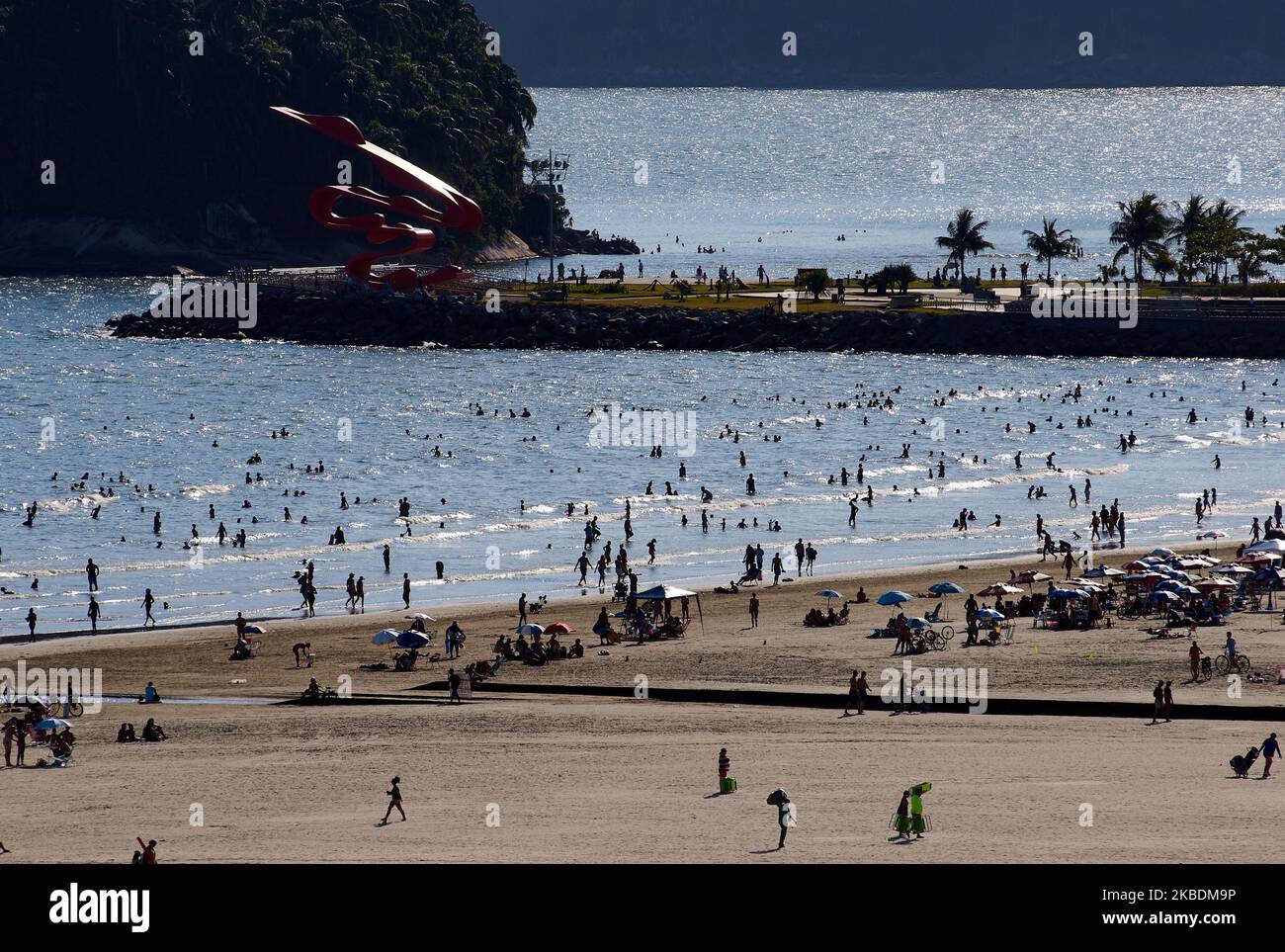 Bathers movement in Jose Menino beach, in Santos, Sao Paulo, Brazil, on ...